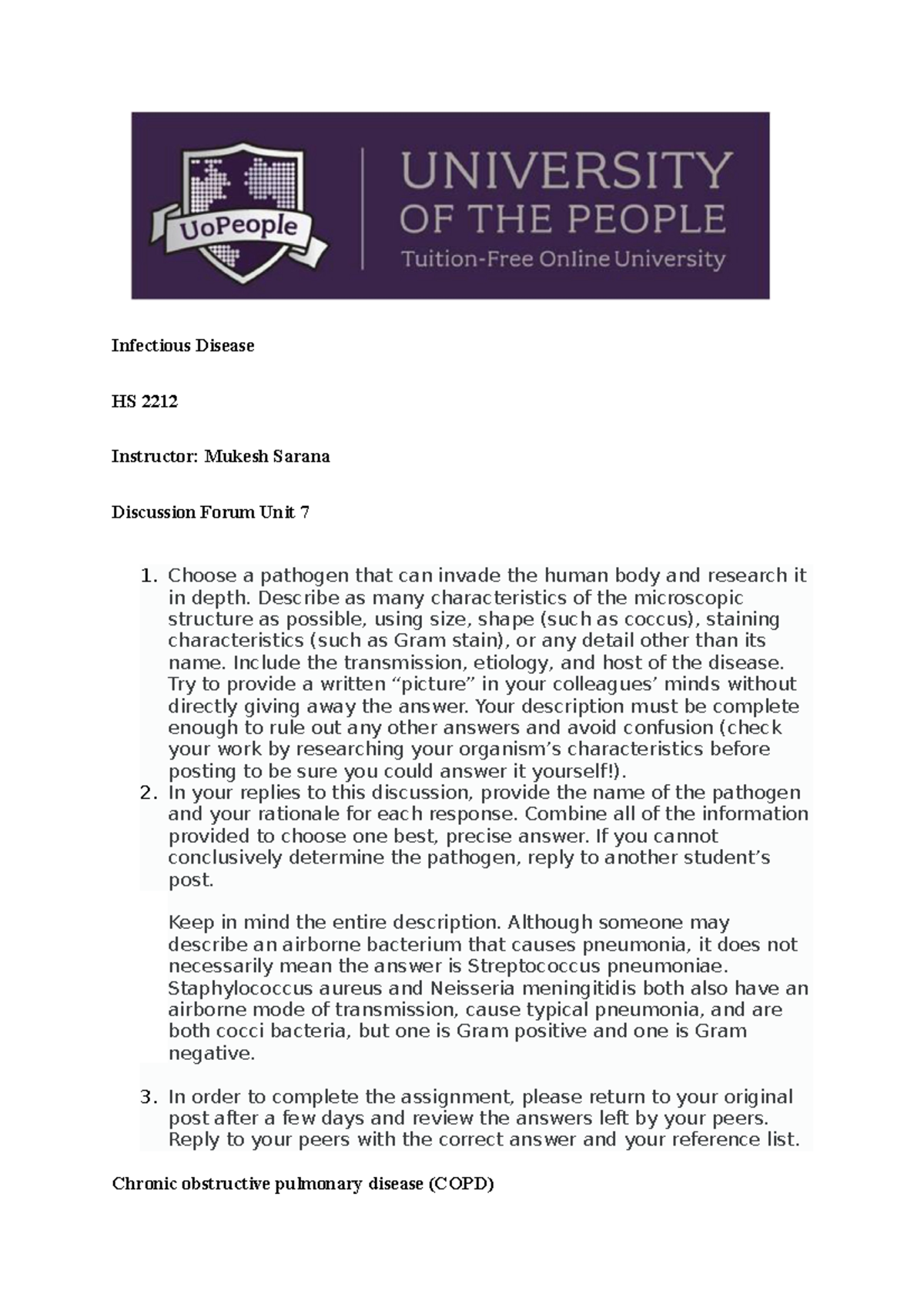 HS 2212 - Discussion Forum Unit 7 Pathogen COPD - Infectious Disease HS ...