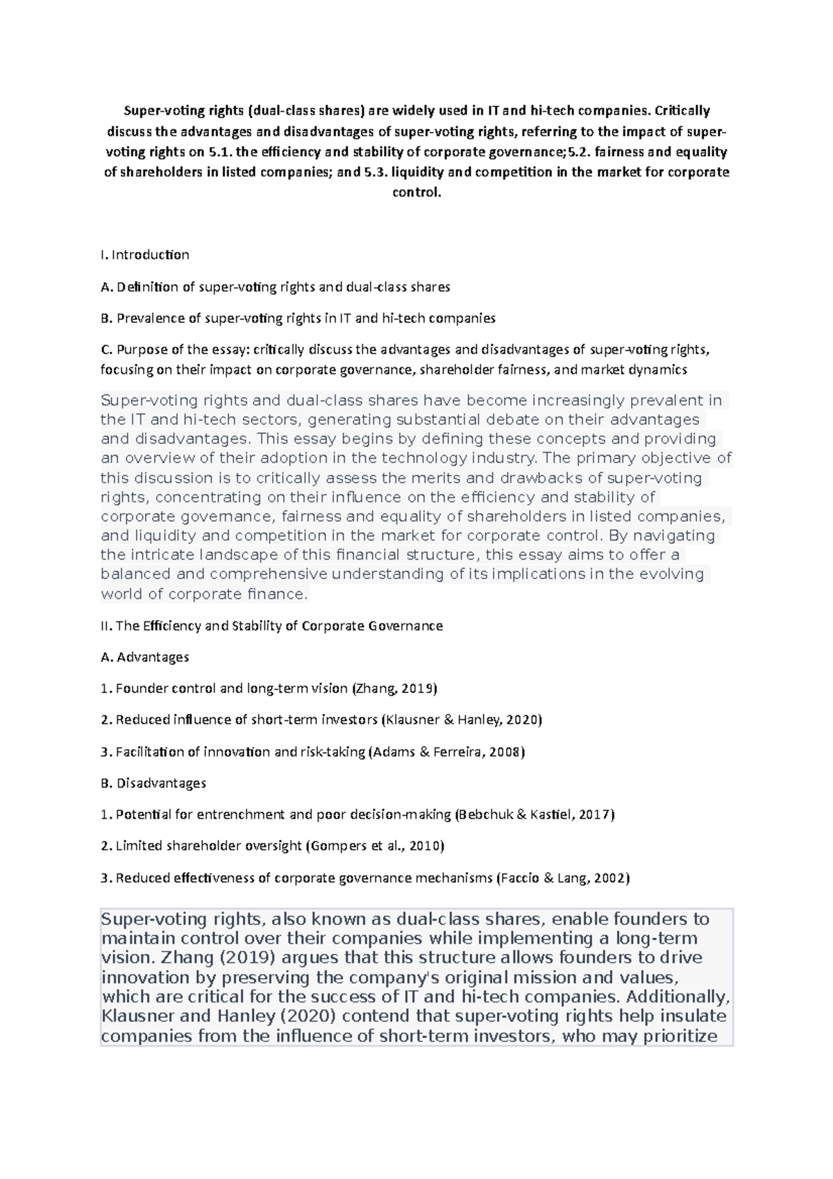 Super voting rights Essay - Super-voting rights (dual-class shares) are ...