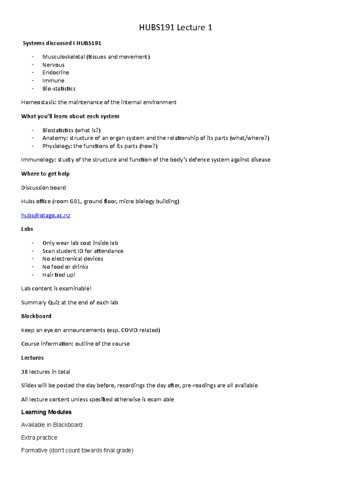 HUBS191 Lecture 1 - COVID related) Course information: outline of the ...