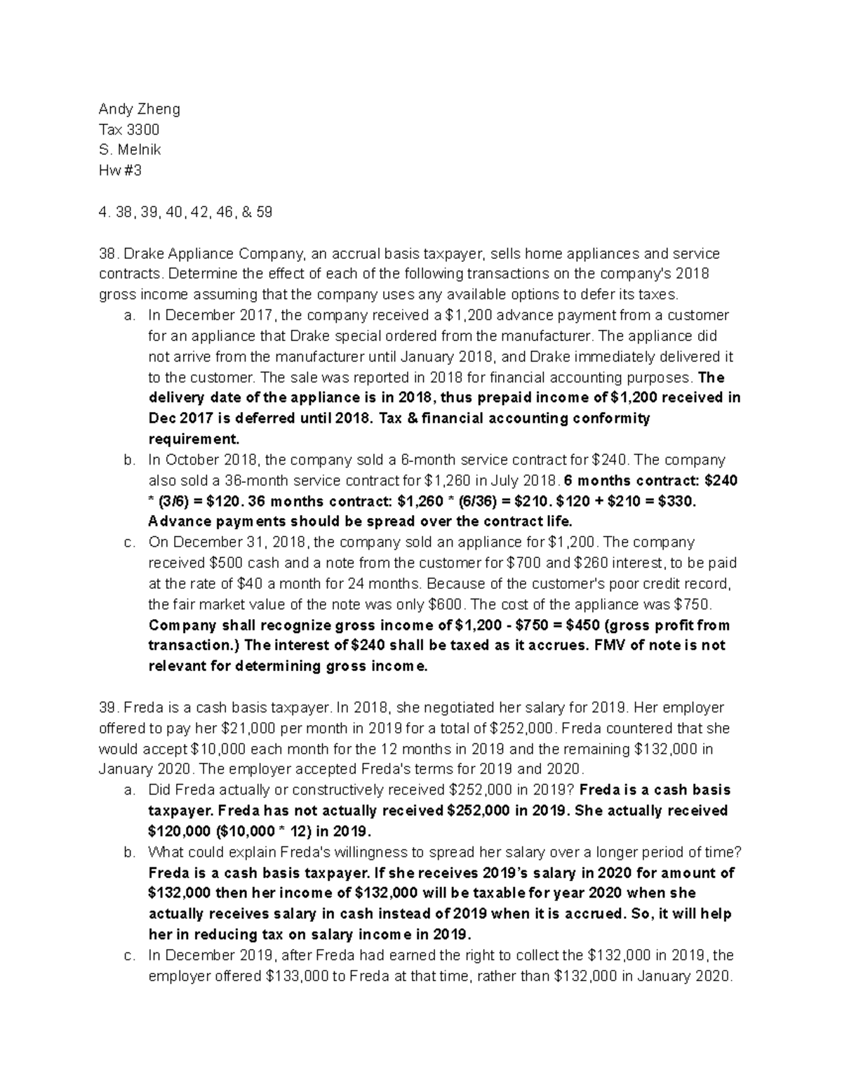Tax Hw3 - homework - Andy Zheng Tax 3300 S. Melnik Hw # 38, 39, 40, 42 ...