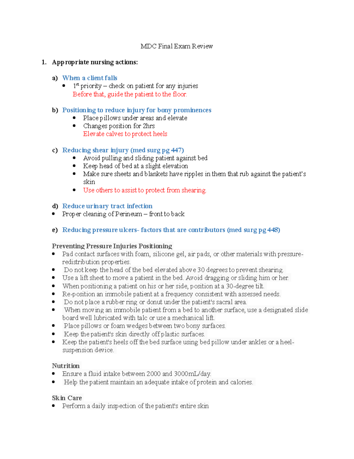 MDC EXAM 3 Review - MDC Final Exam Review Appropriate nursing actions ...