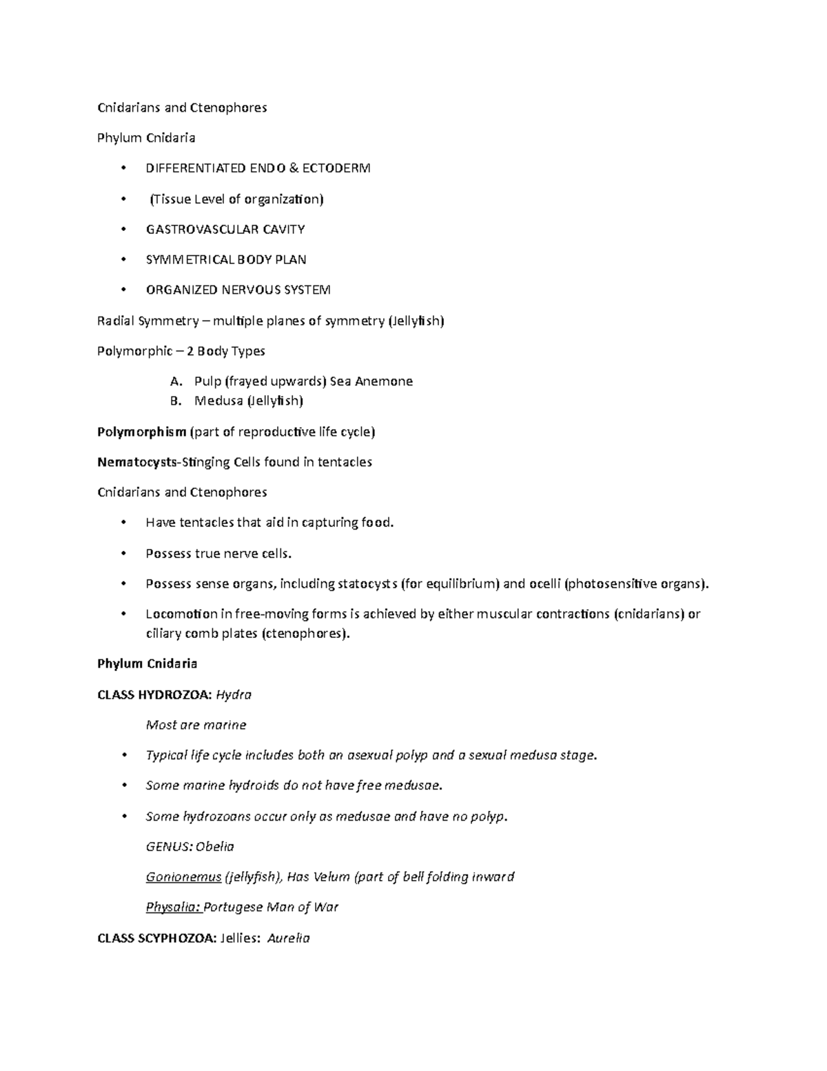 Cnidariansnotes Bios 1000 - Cnidarians and Ctenophores Phylum Cnidaria ...