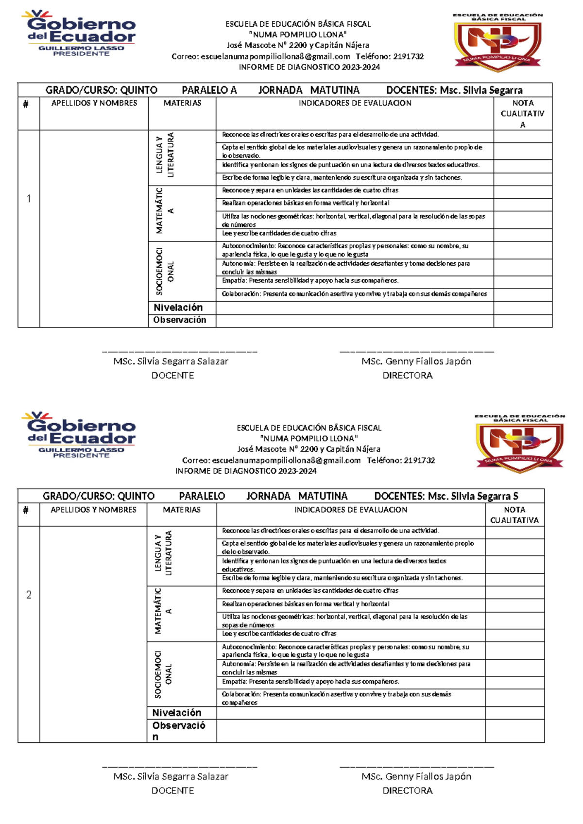 Informe DE Diagnóstico Quinto A - ESCUELA DE EDUCACIÓN BÁSICA FISCAL ...