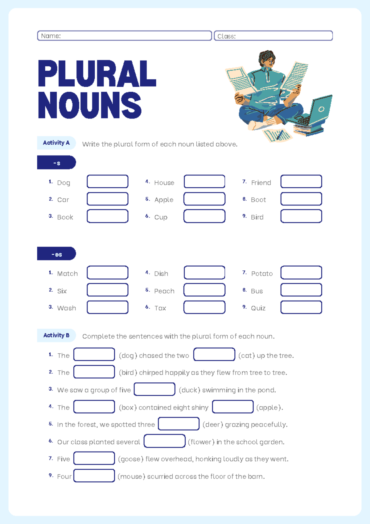 Plural Nouns Worksheet in Blue White Simple Style - PLURAL NOUNS Write ...