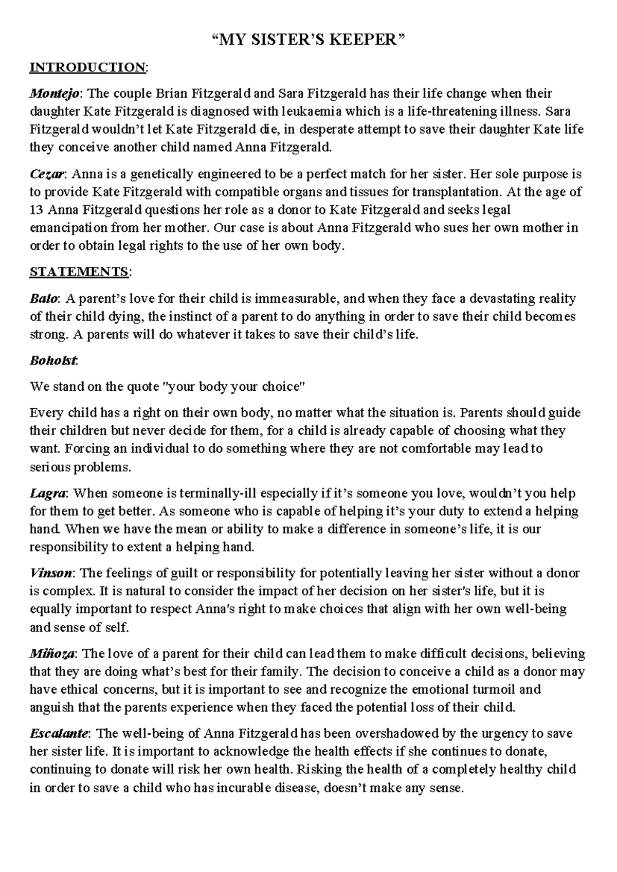 MY- Sisters- Keeper debate - “MY SISTER’S KEEPER” INTRODUCTION: Montejo ...