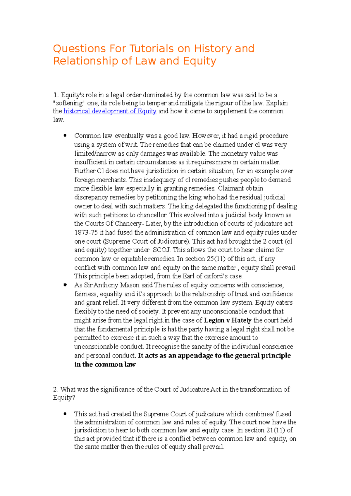 Questions For Tutorials on History and Relationship of Law and Equity - Questions For Tutorials ...