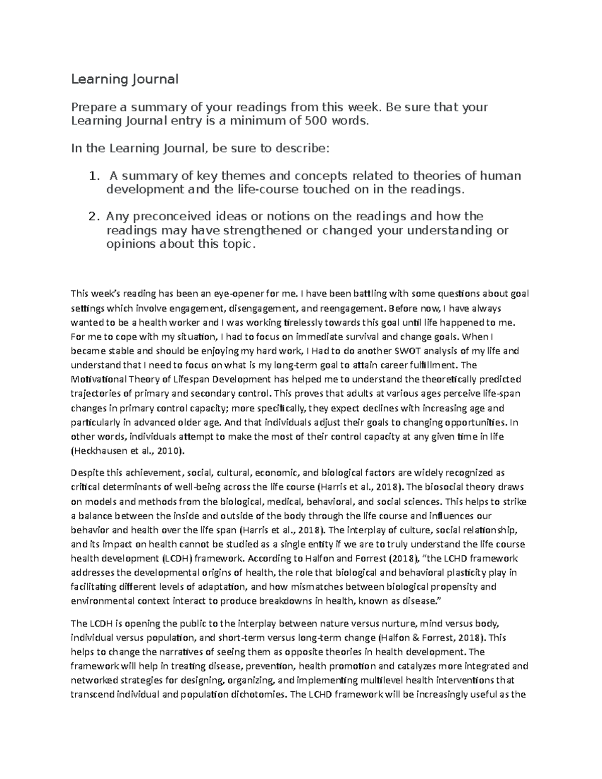 LJ WEEK ONE - LEARNING JOURNAL - Learning Journal Prepare a summary of ...