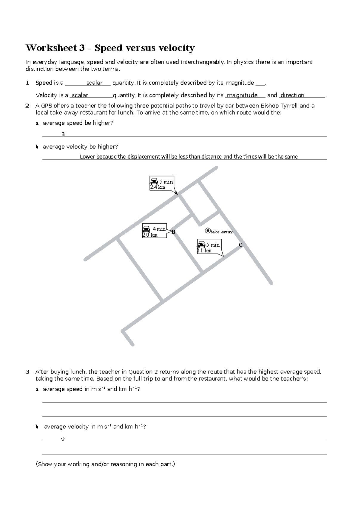 3 WS Speed v velocity - Physics - Worksheet 3 - Speed versus v elocity ...