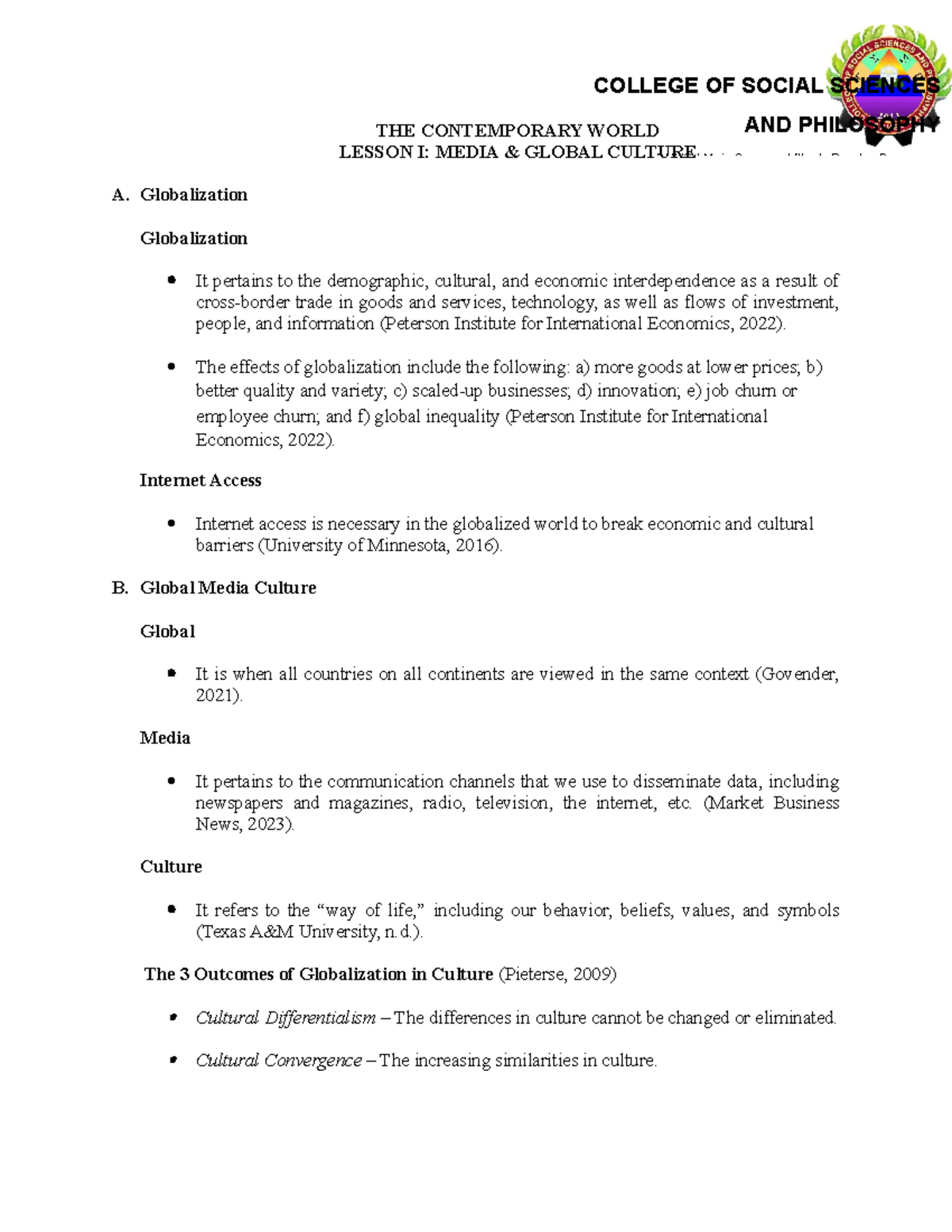 Conworld - Lesson I - Notes - THE CONTEMPORARY WORLD LESSON I: MEDIA ...