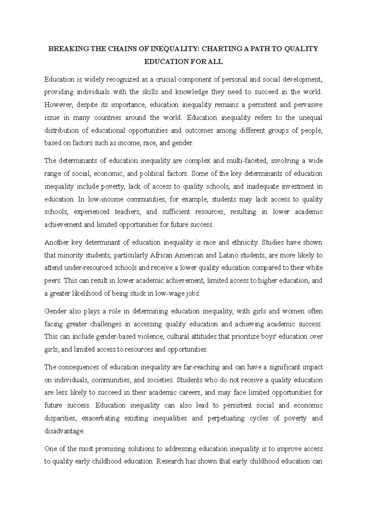 Breaking the Chains of Inequality Charting a Path to Quality Education ...