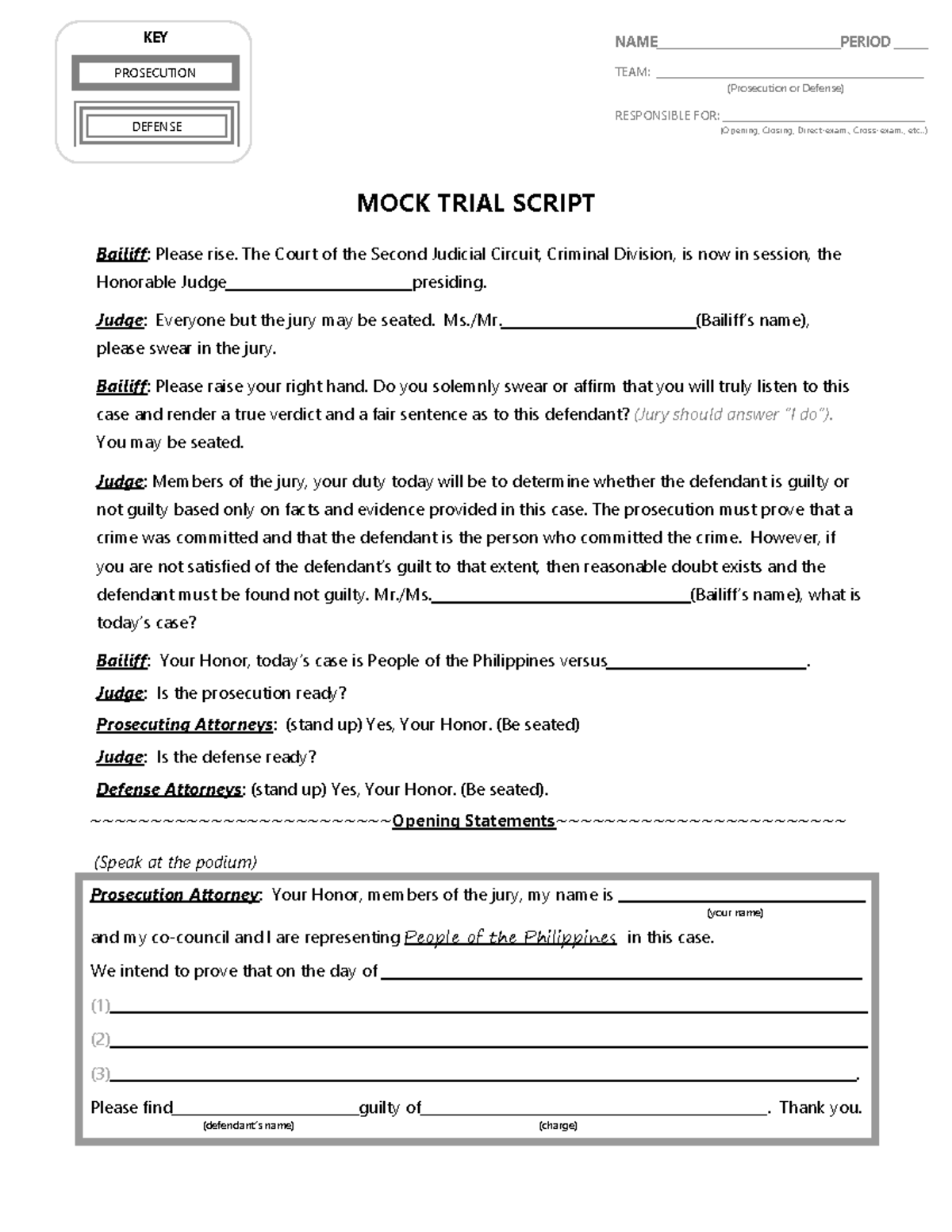 Mock trial script 1 - NAME PERIOD TEAM: (Prosecution or Defense ...