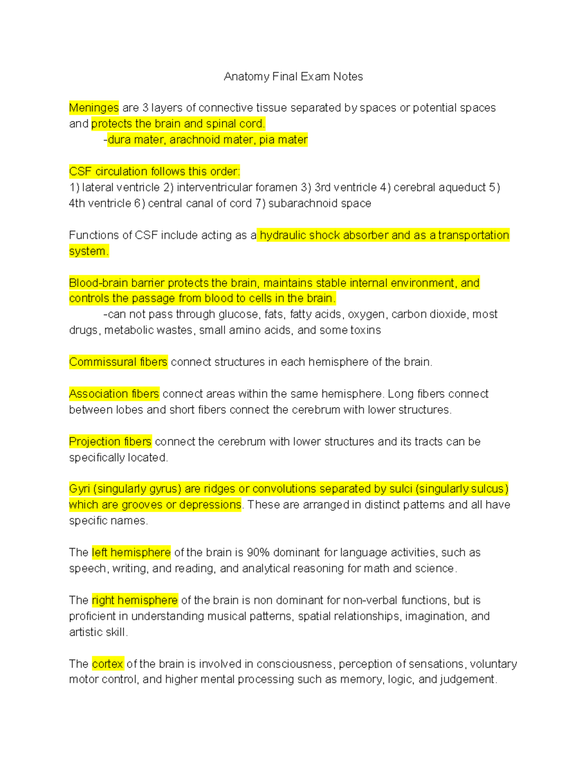 Anatomy Final Exam Notes - Anatomy Final Exam Notes Meninges are 3 ...