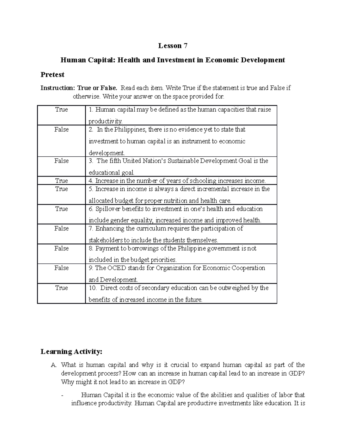 Human Capital Health and Investment in Economic Development - Lesson 7 ...