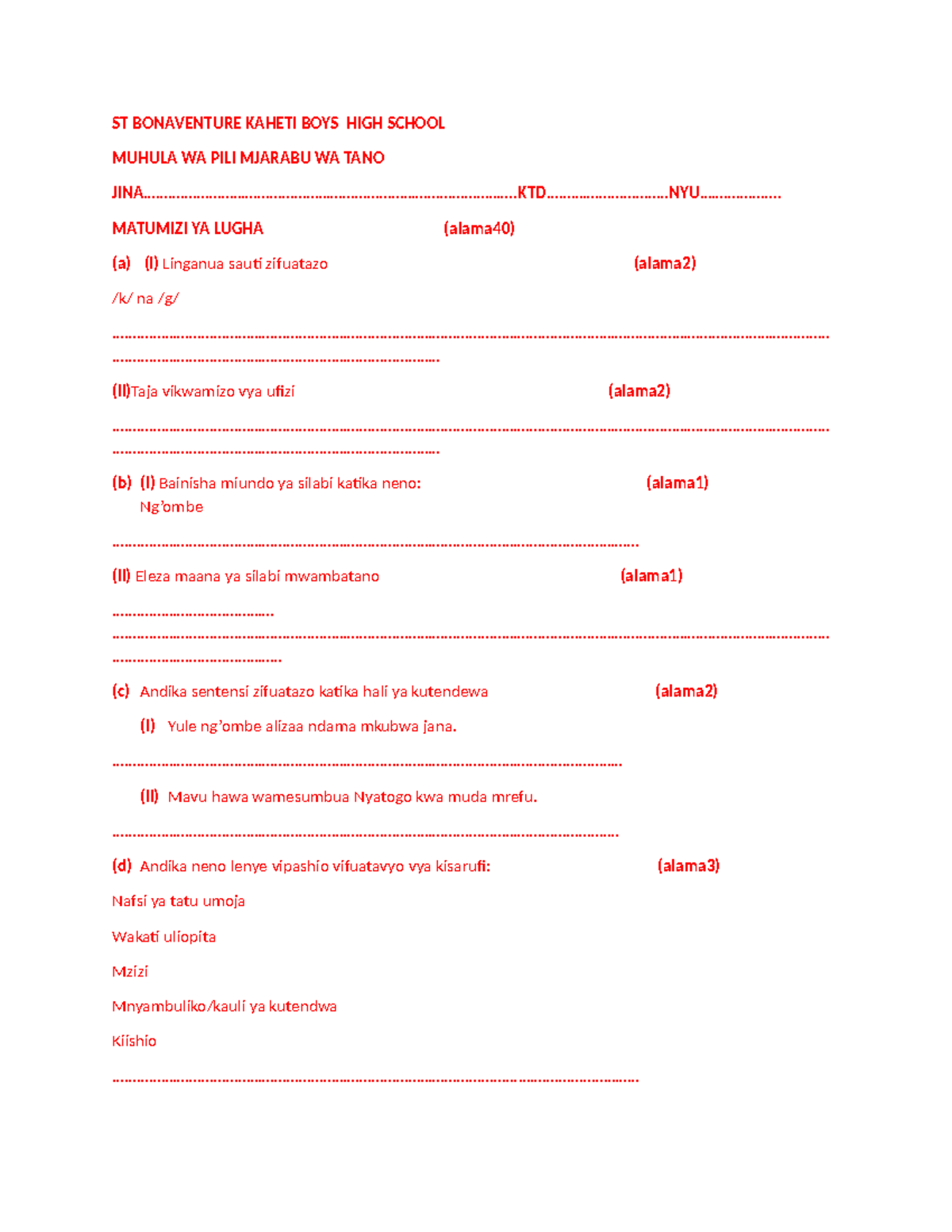 Kiswahili BAT 5 - Class Assignment - ST BONAVENTURE KAHETI BOYS HIGH ...