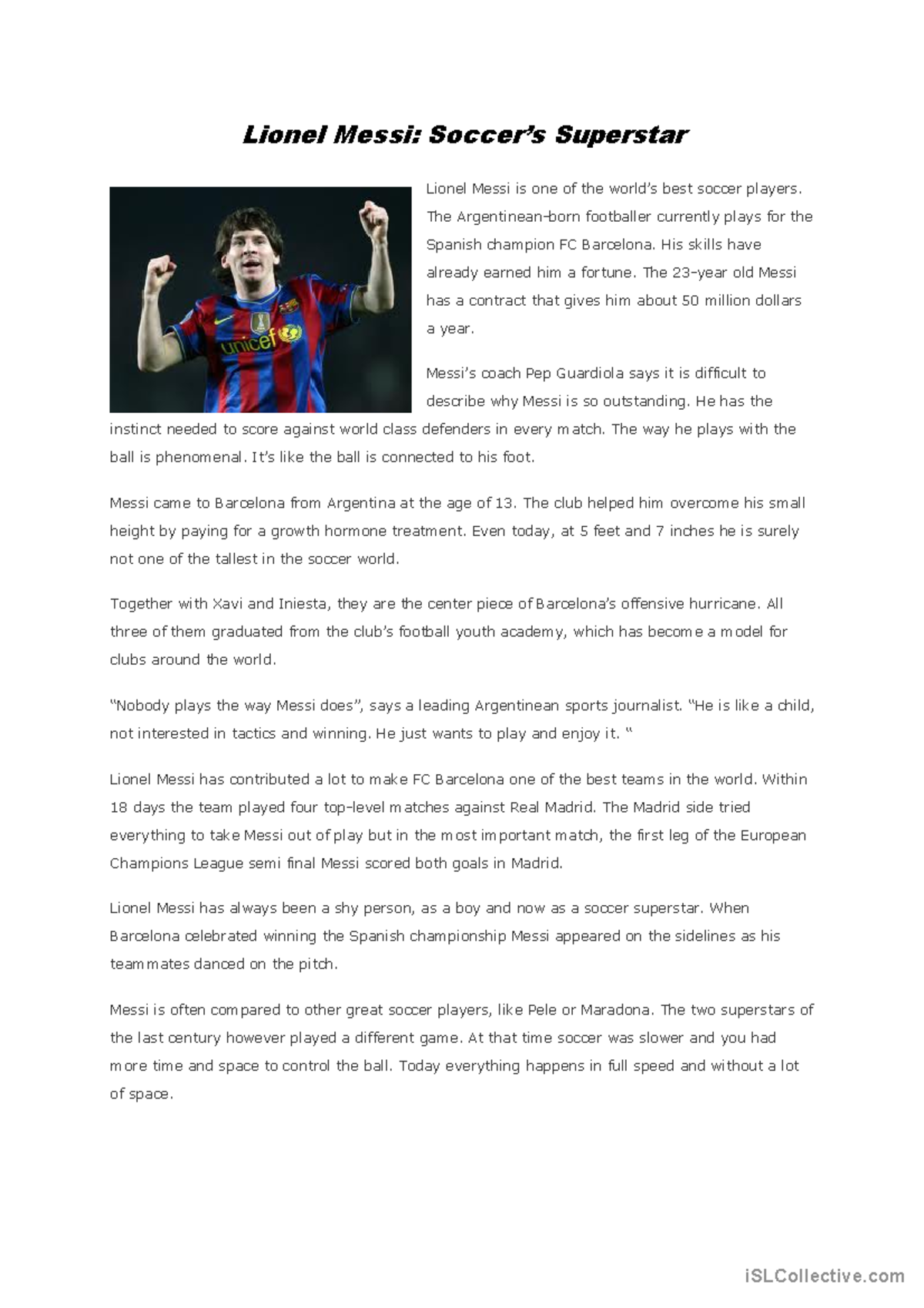 Reading Activity Lionel Messi Bratt - Lionel Messi: Soccer’s Superstar ...