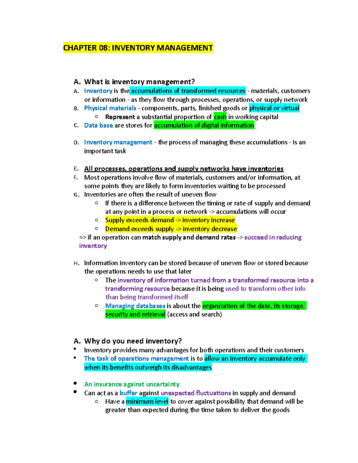 Processes and operations chapter 8 summary - CHAPTER 08: INVENTORY ...