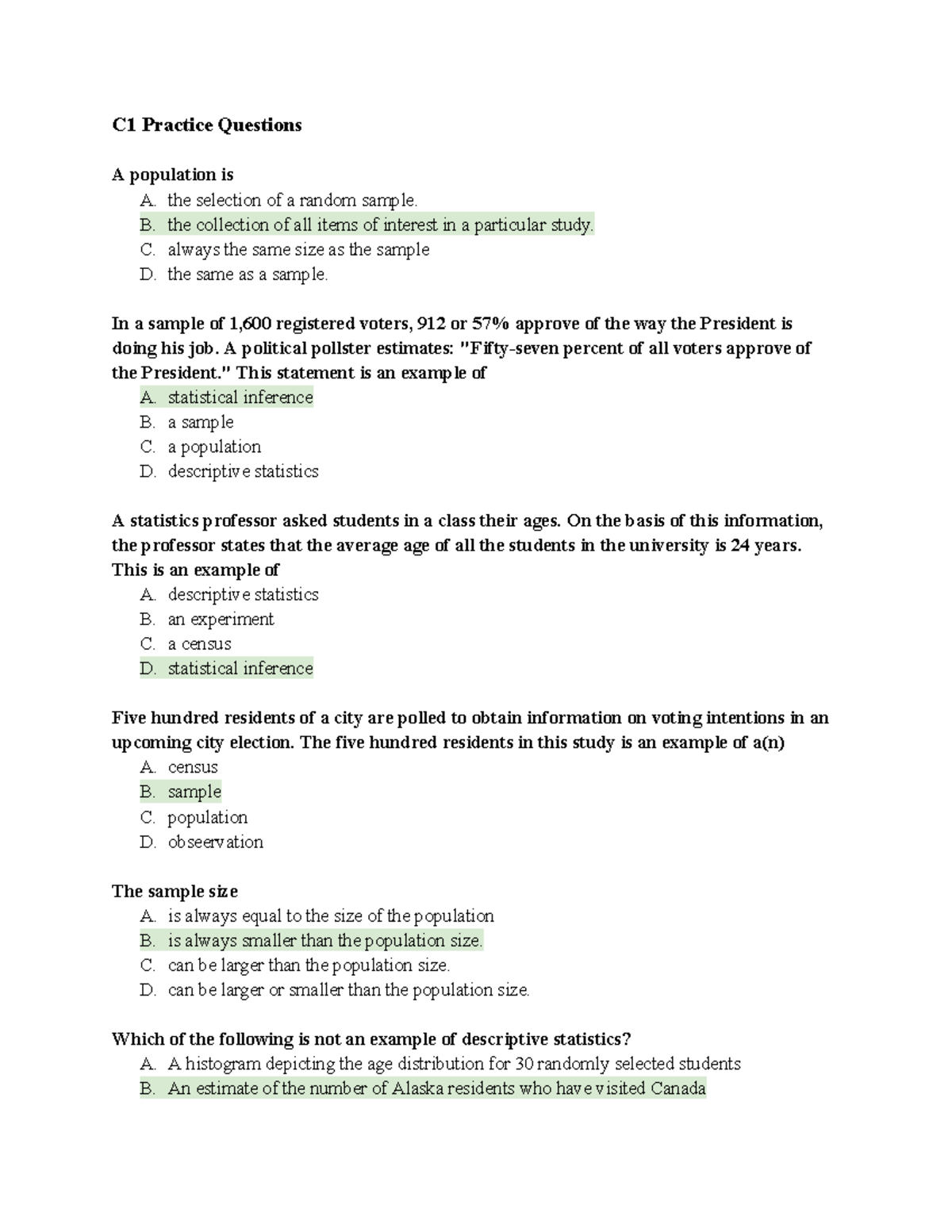C1 Practice Questions - Data, populations and samples, variables - C1 ...