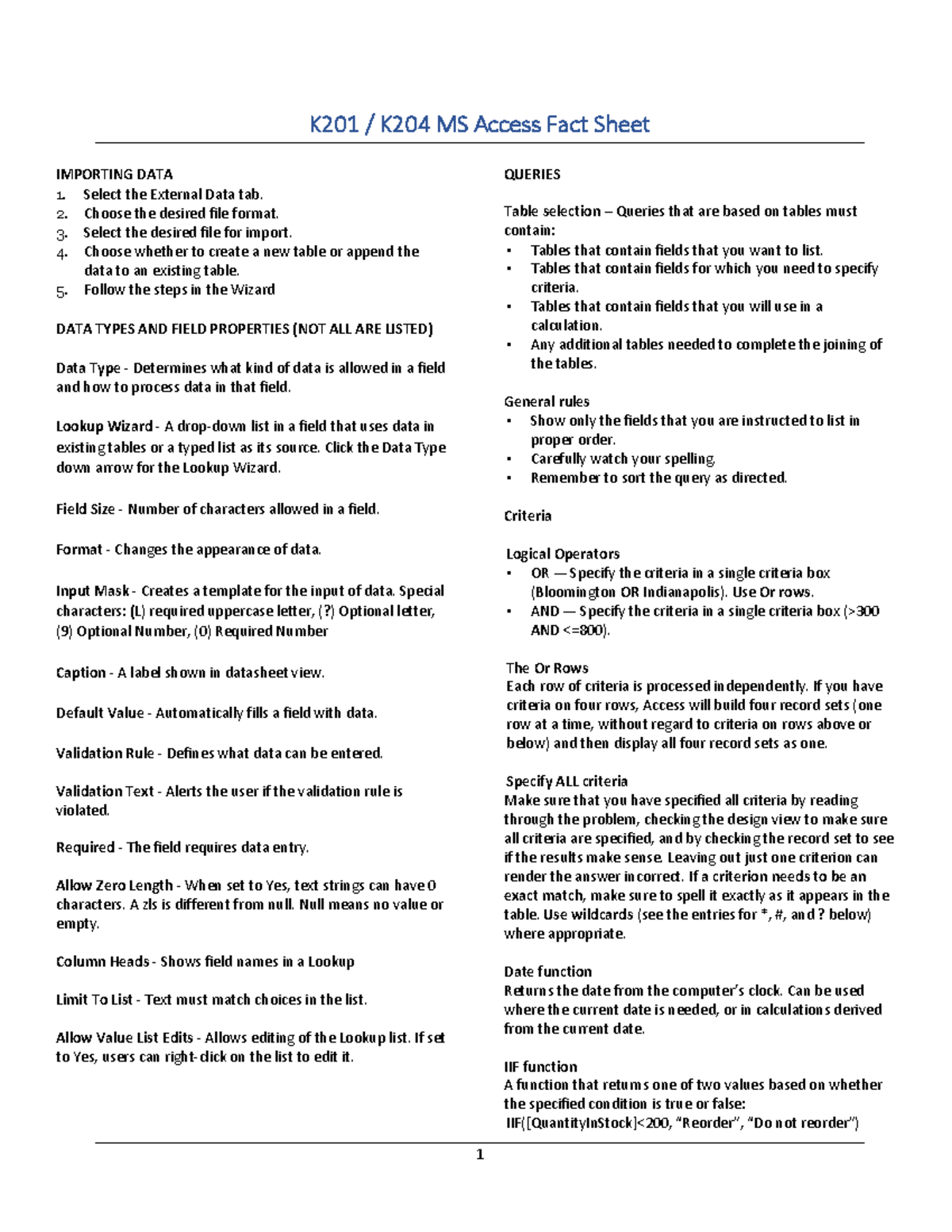 Exam Access Fact Sheet - 1 K 201 / K 204 MS Access Fact Sheet IMPORTING ...
