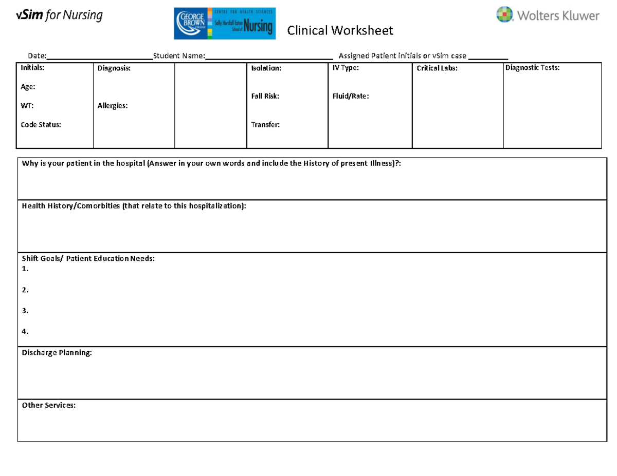 Clinical Worksheet v Sim sample 4 - Clinical Worksheet Date: Student ...