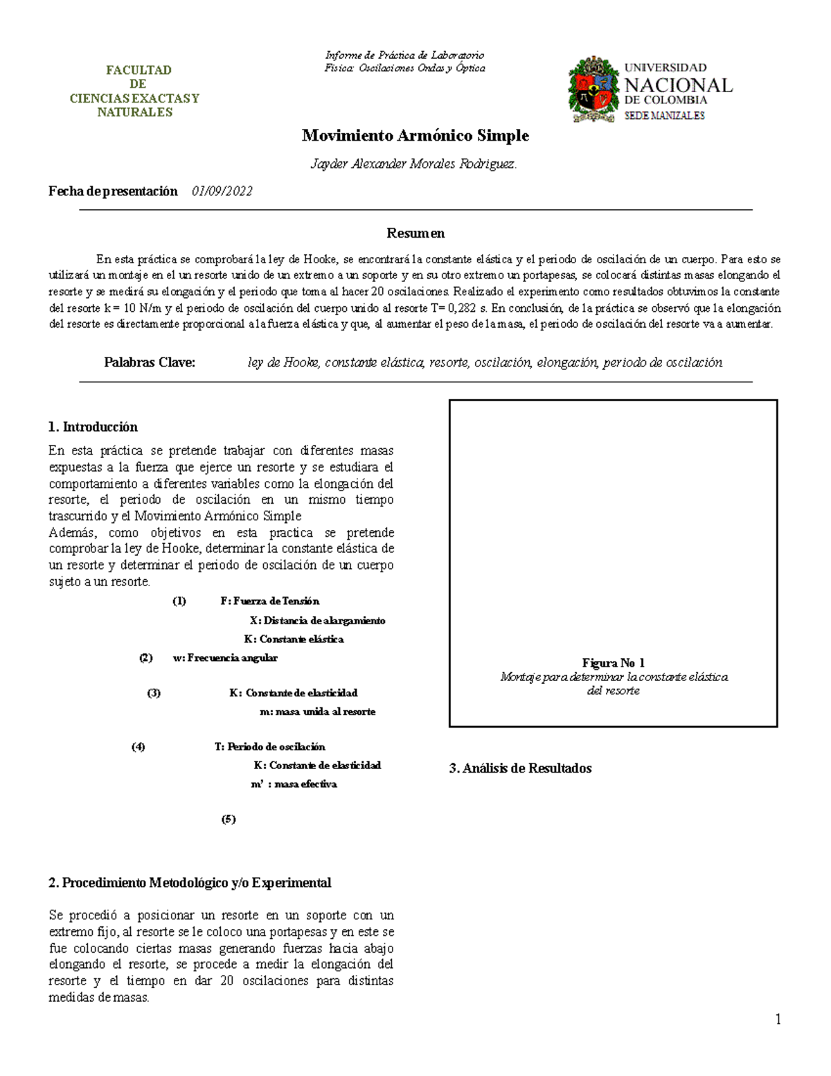 Informe de Laboratorio Movimiento Armonico simple. Masa-resorte ...