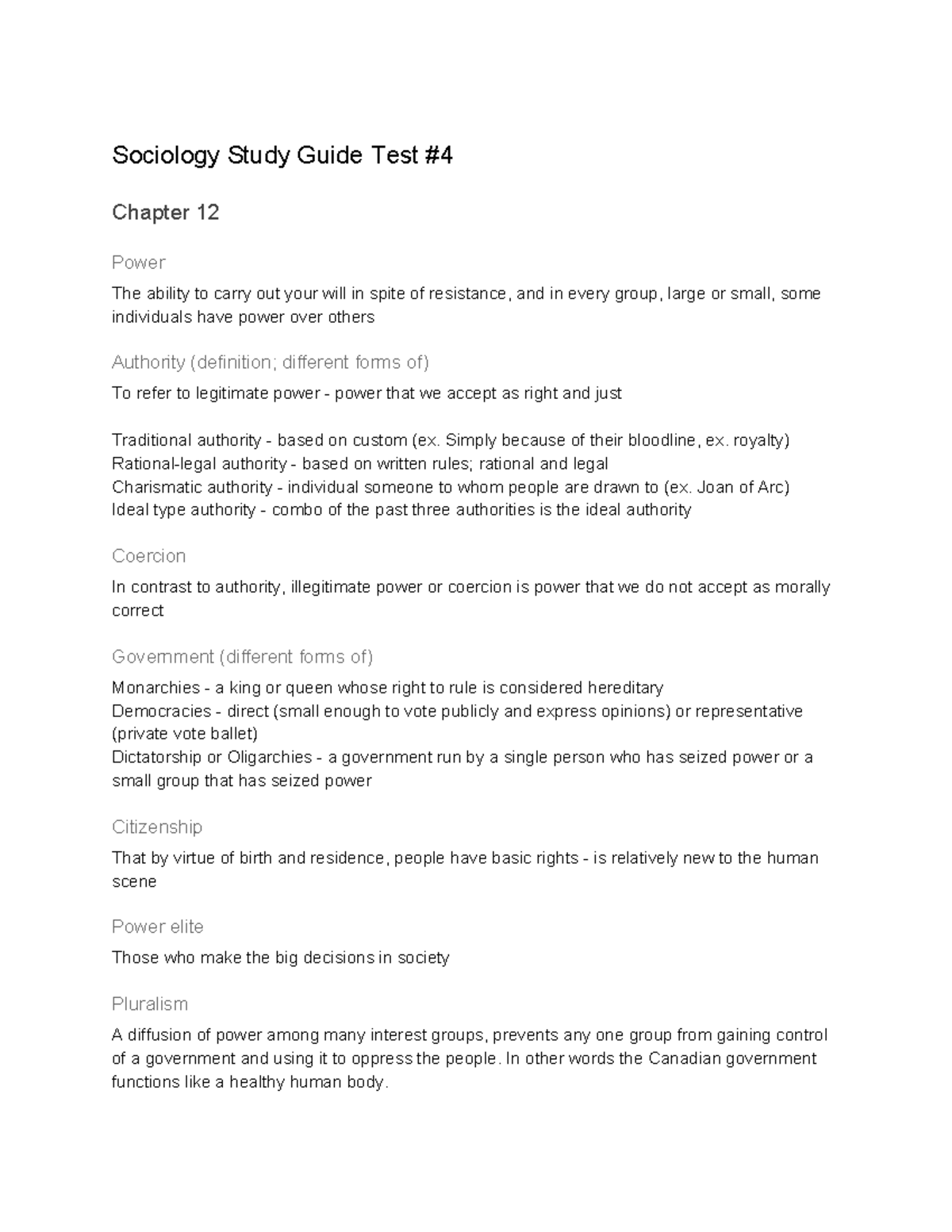 Sociology Test 4 Guide - Sociology Study Guide Test Chapter 12 Power ...