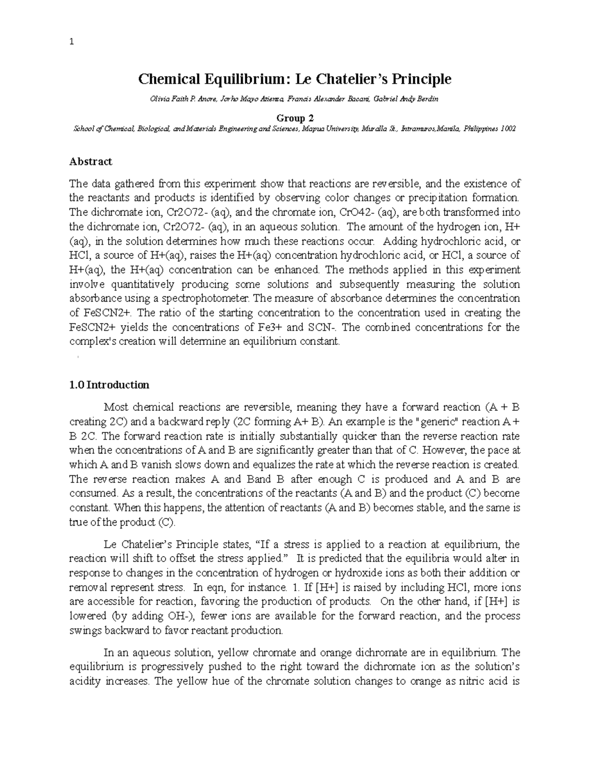 Lab Report Chemical Equilibrium: Le Chatelier’s Principle - Chemical ...