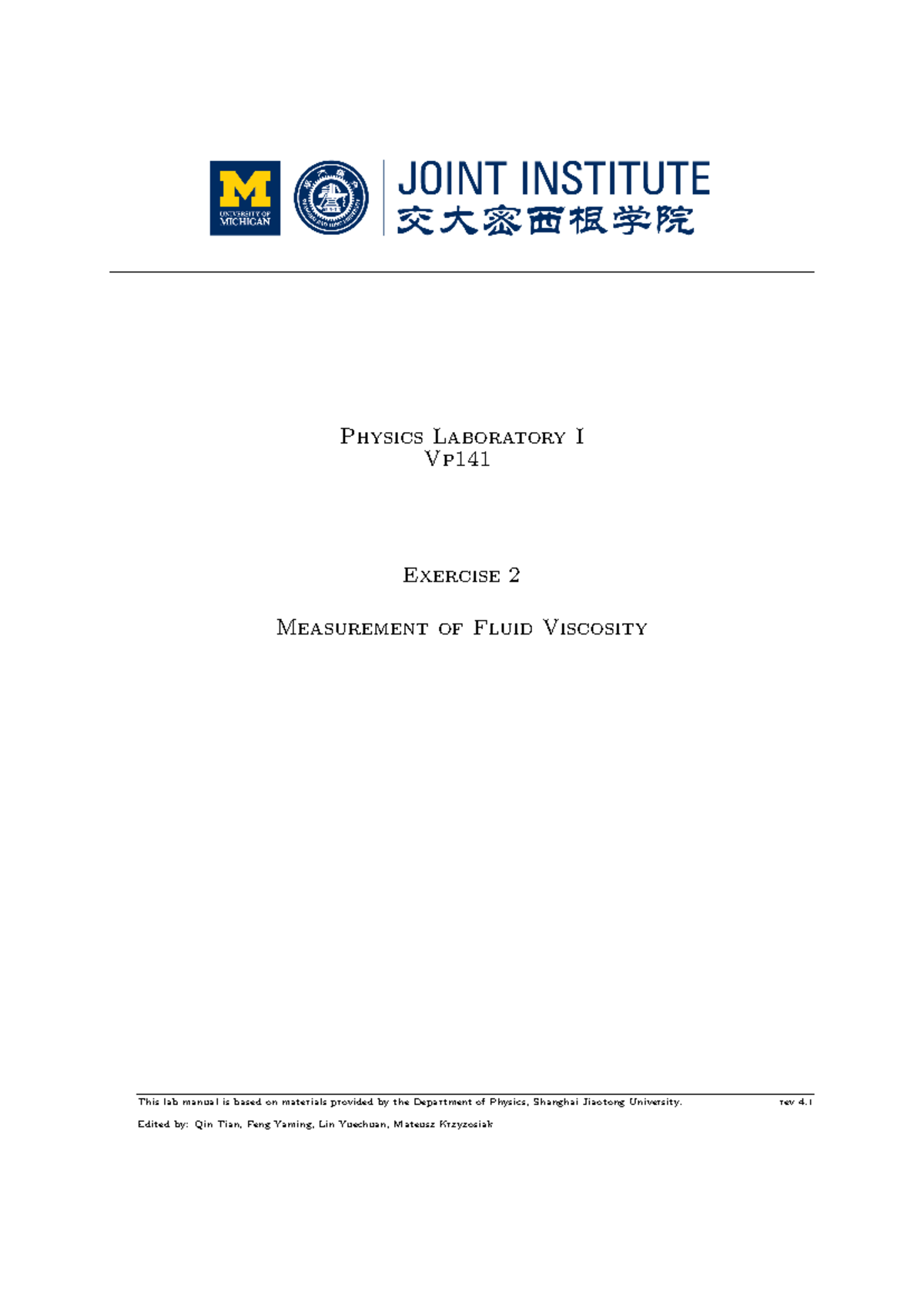 Exercise 2(Measurement of Fluid Viscosity) - lab manual [rev. 4 - Physics Laboratory I Vp ...