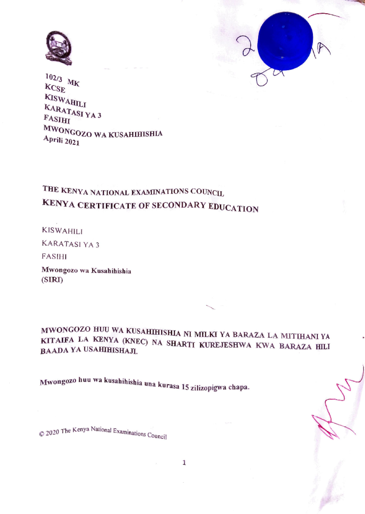 Kiswahili Paper 3 Marking Scheme KCSE 2020 Teacher - bachelor of ...