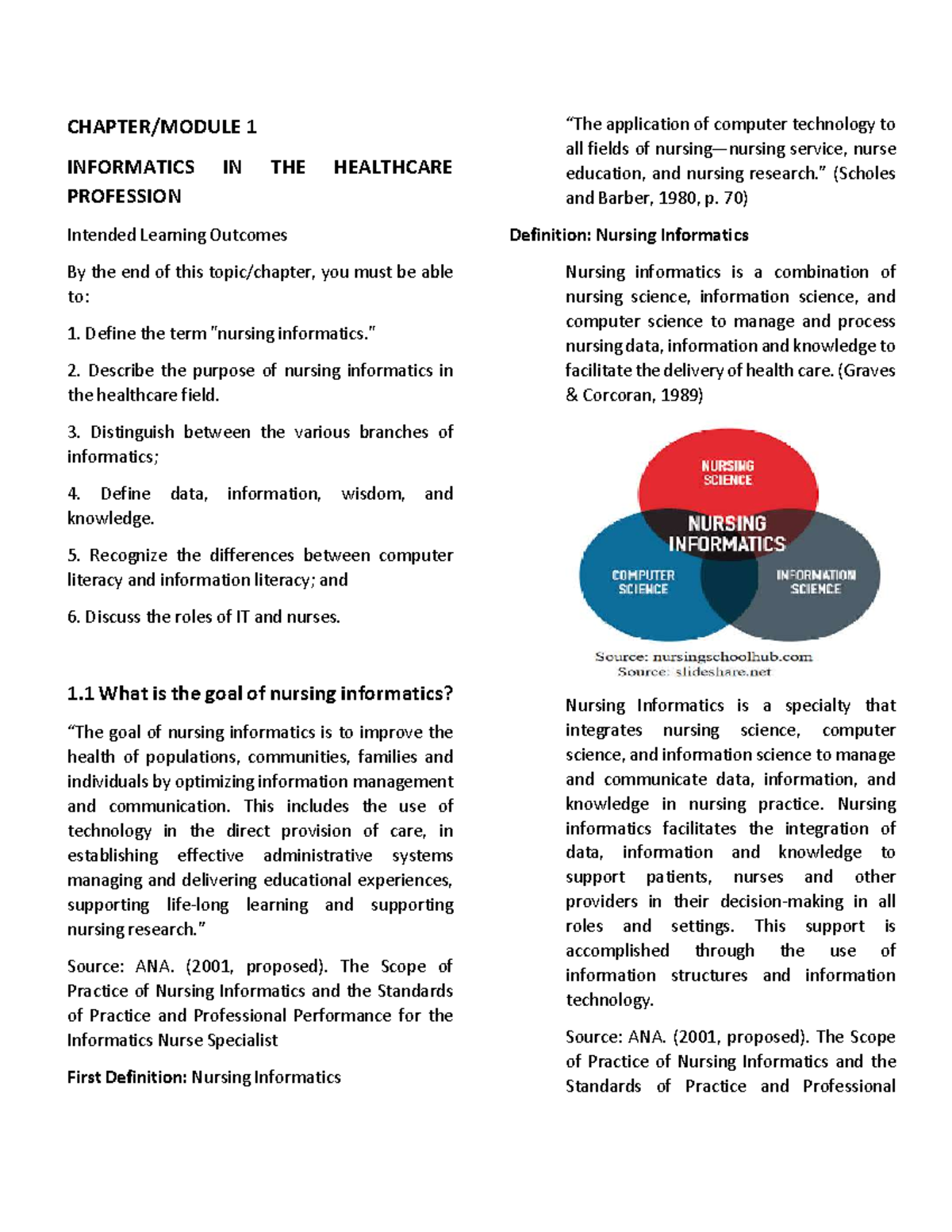 Nursing Informatics - CHAPTER/MODULE 1 INFORMATICS IN THE HEALTHCARE ...