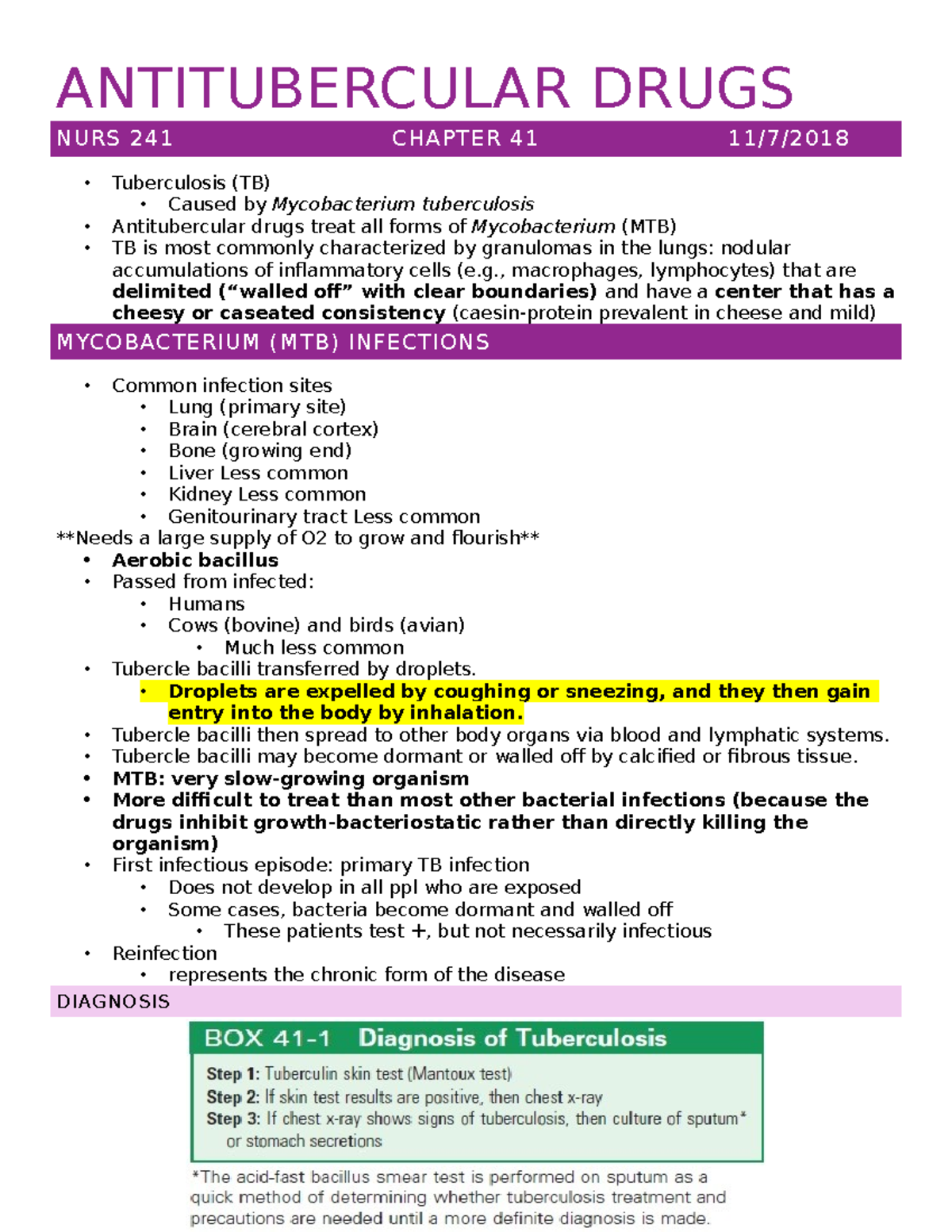Antitubercular Drugs - ANTITUBERCULAR DRUGS NURS 241 CHAPTER 41 11/7 ...