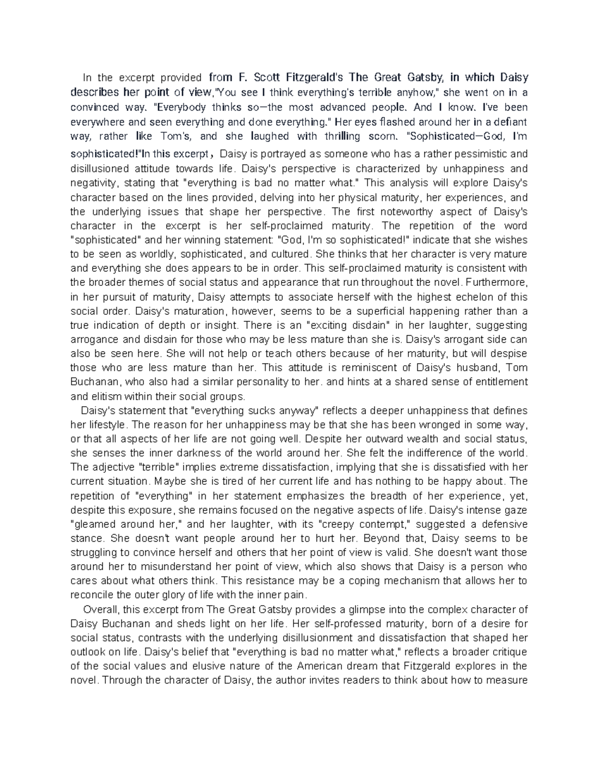 "Daisy" Analysis - In the excerpt provided from F. Scott Fitzgerald's ...