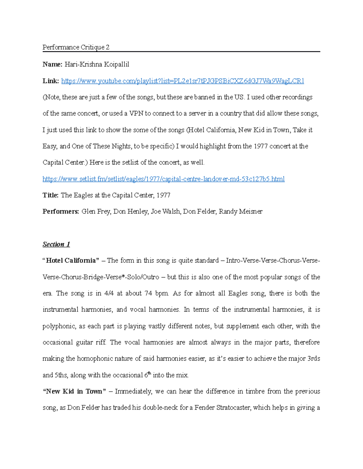 Performance Critique 2 - I used other recordings of the same concert ...