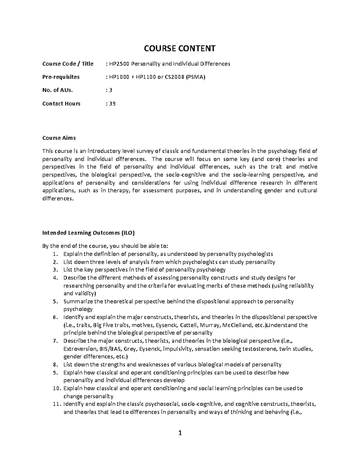 HP2500 Personality and Individual Differences - COURSE CONTENT Course ...