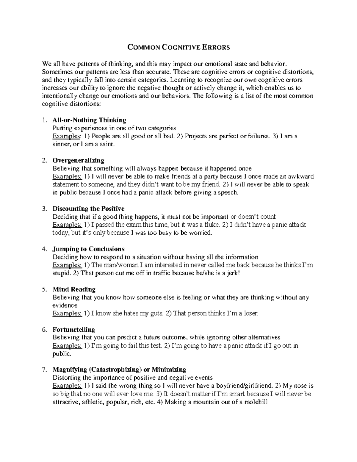 Common Cognitive Errors - COMMON COGNITIVE ERRORS We all have patterns ...