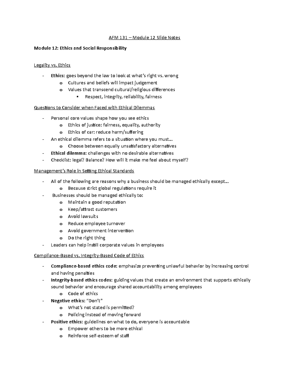Module 12 Slide Notes - AFM 131 Module 12 Slide Notes Module 12: Ethics ...