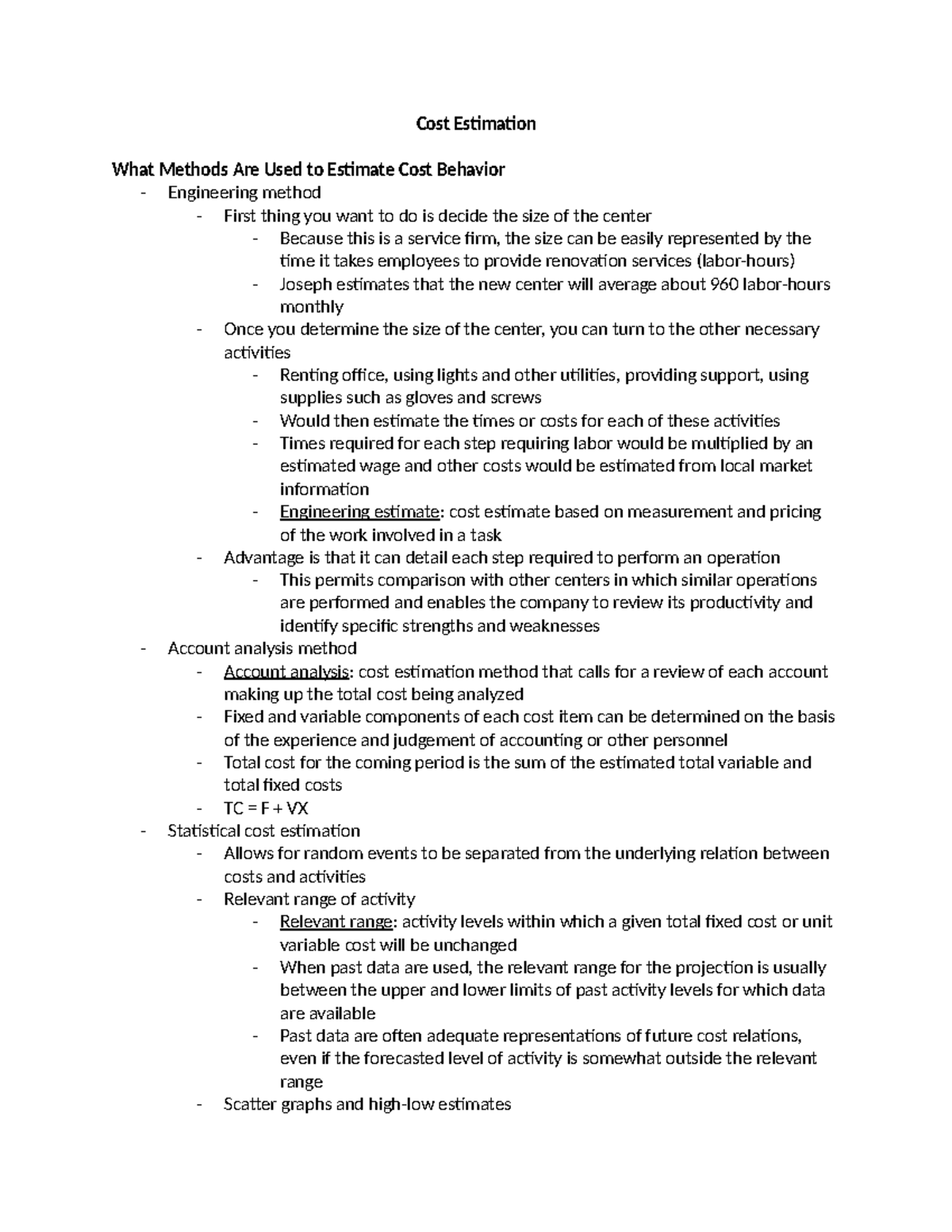 Cost accounting chap 5 - Chapter 5 lecture notes - Cost Estimation What ...