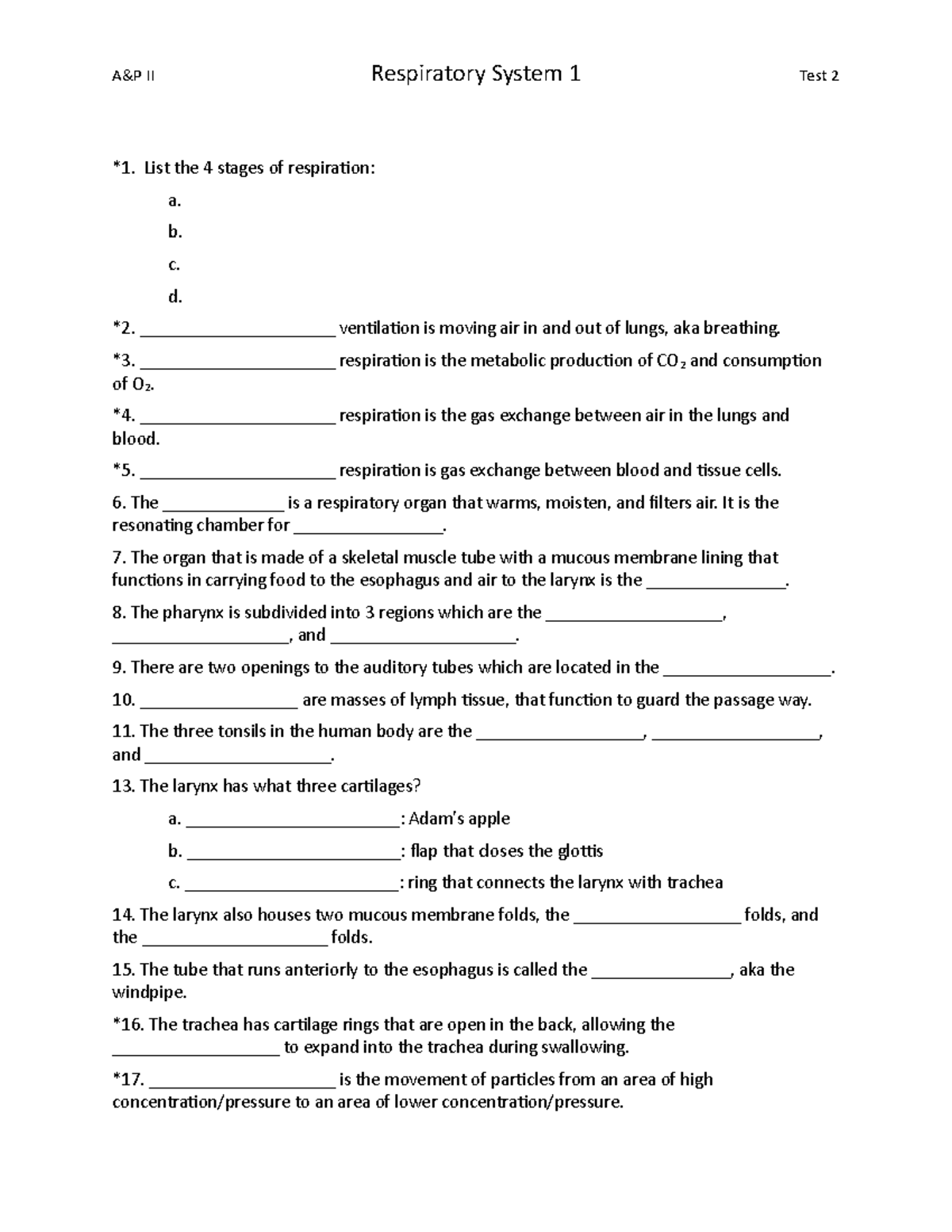 Respiratory System Review - Respiratory System 1 A&amp;P II Test 2 *1 ...