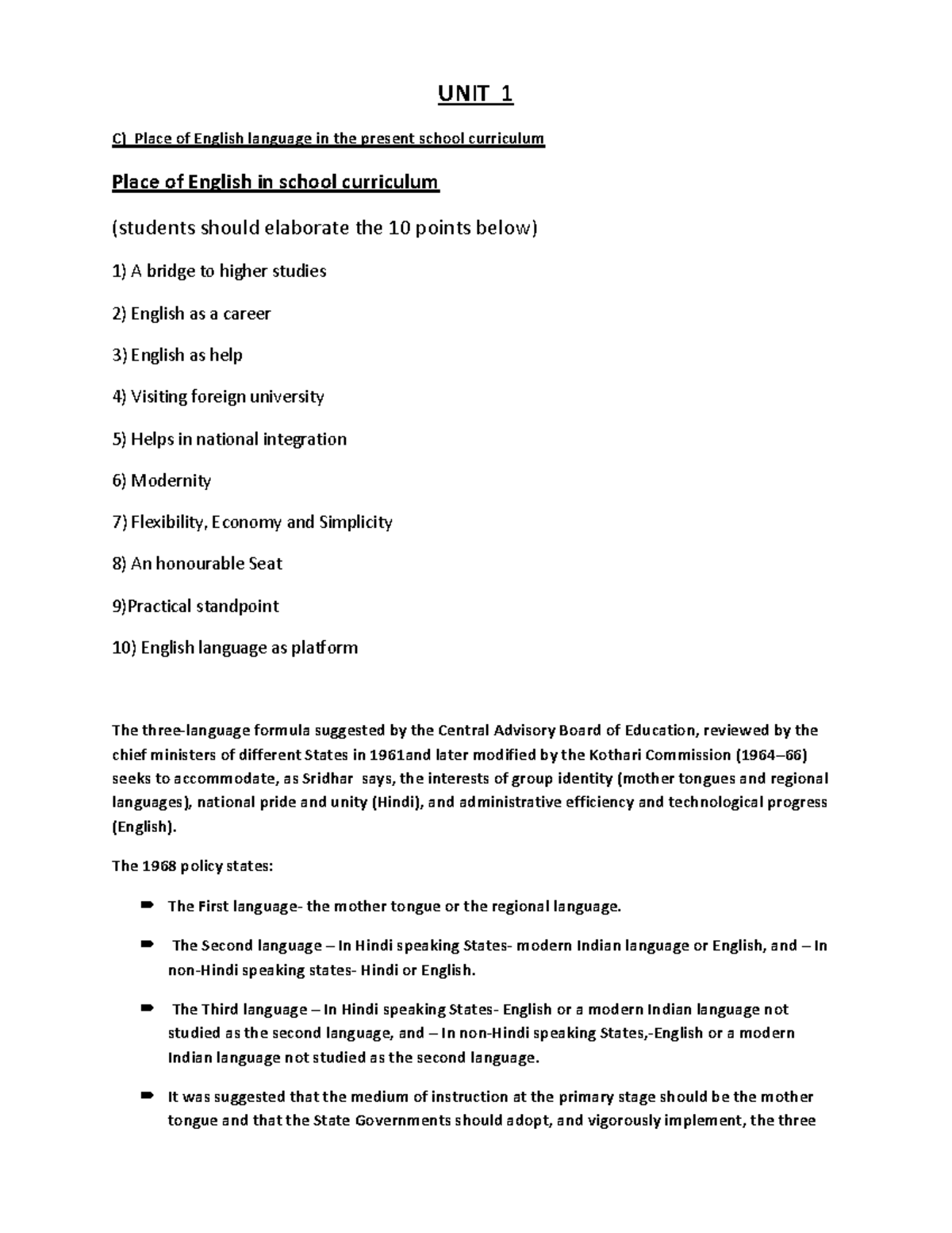 Englishpdf - Study material for students - UNIT 1 ####### C) Place of ...
