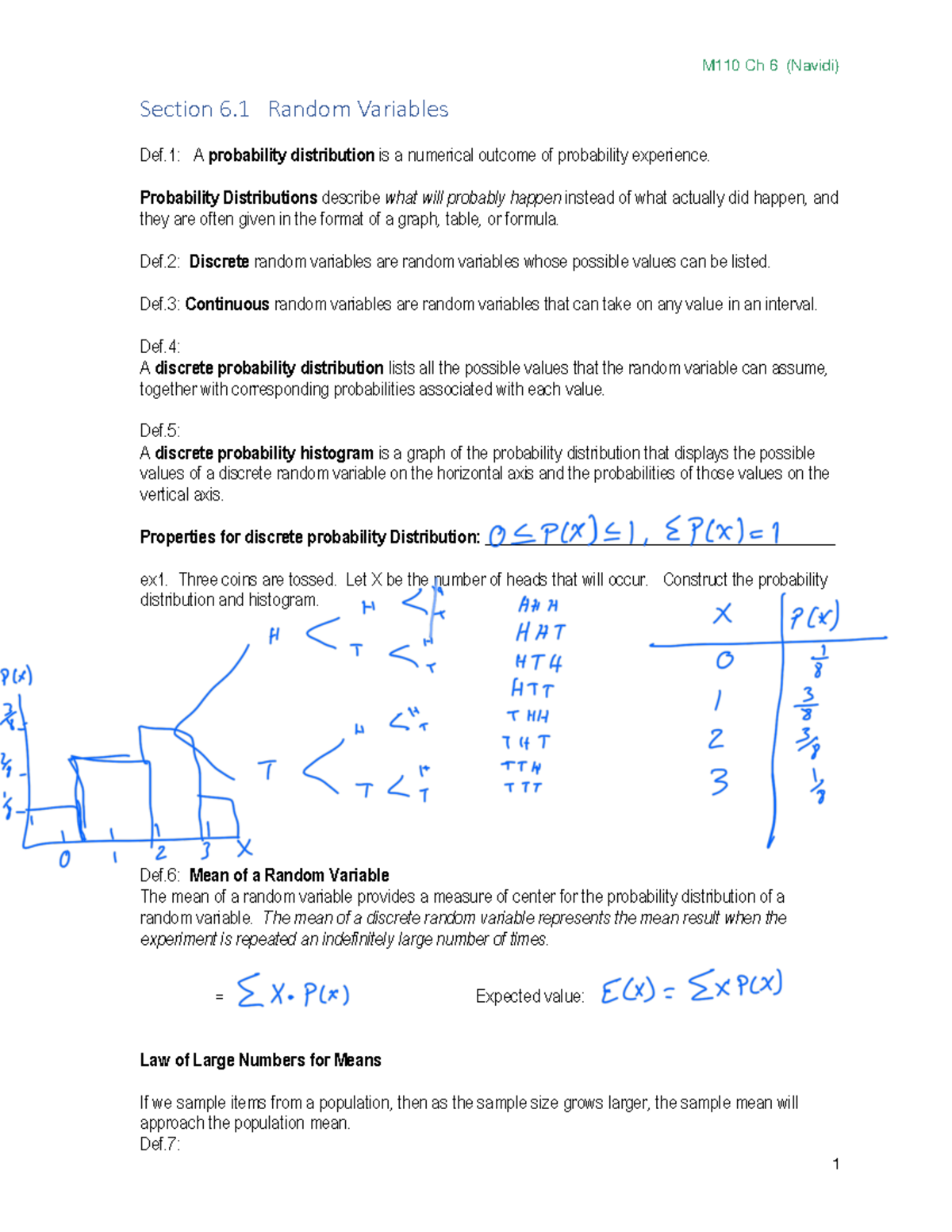 M110+ch6+Discrete - Discrete - Section 6 Random Variables Def: A ...