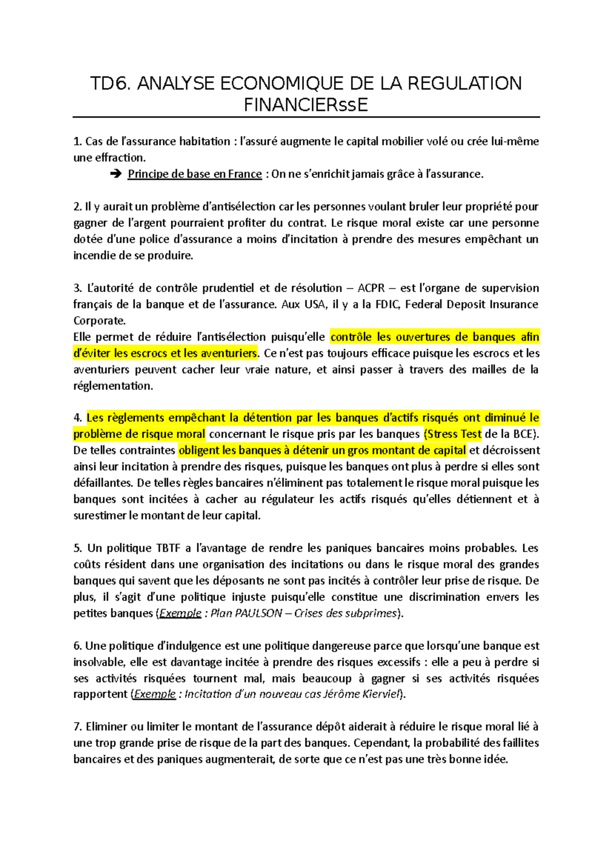 TD6 - correction TD 6 théorie bancaire - TD6. ANALYSE ECONOMIQUE DE LA REGULATION FINANCIERssE 1 ...