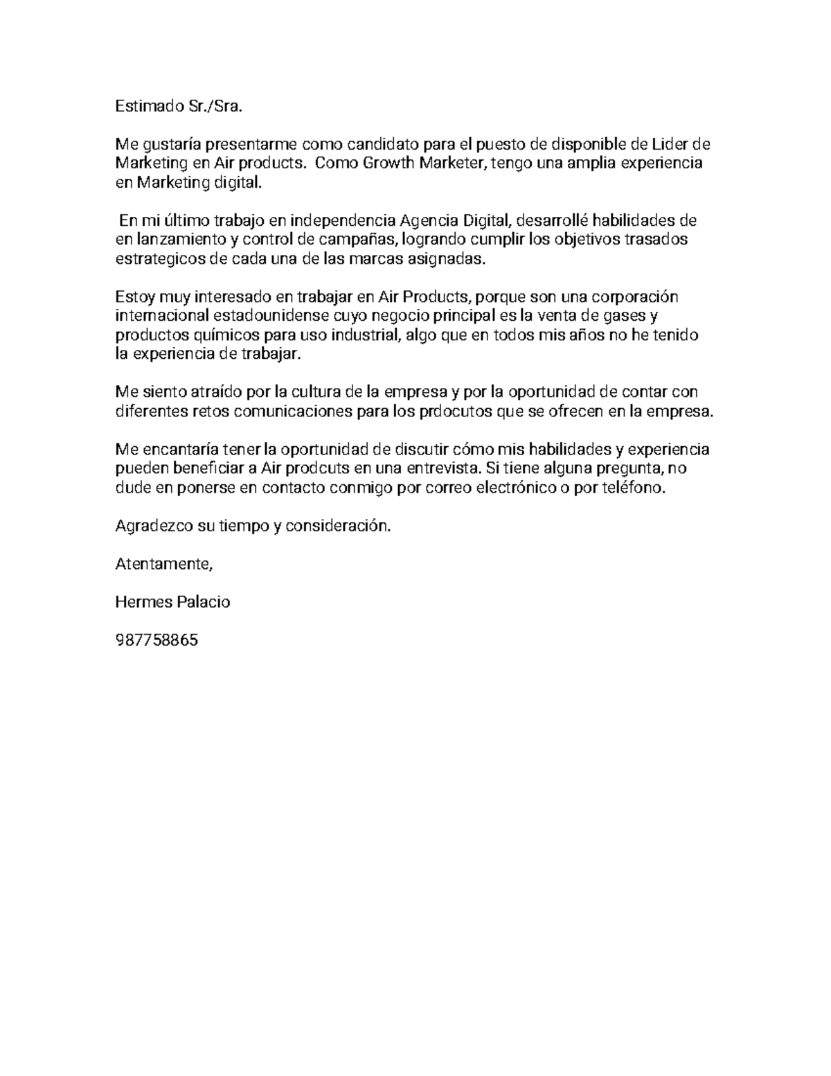 Carta de presentacion Hermes - Estimado Sr./Sra. Me gustaría ...