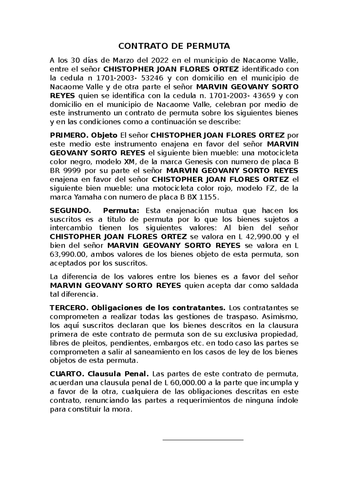 Contrato DE Permuta - Es un buen trabajo - CONTRATO DE PERMUTA A los 30 ...