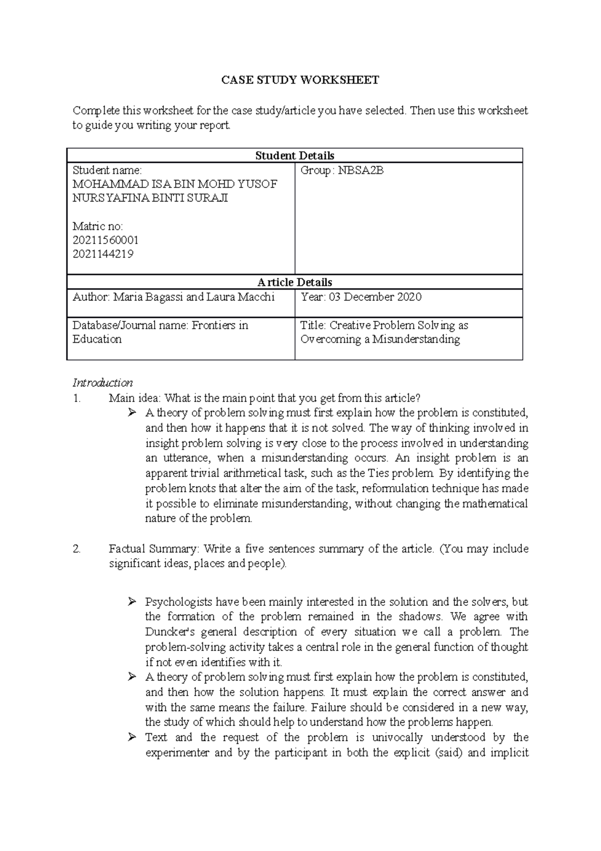 CASE Study Worksheet - ANSWER - CASE STUDY WORKSHEET Complete this ...