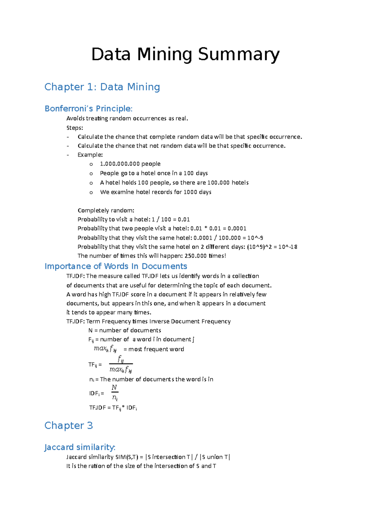 Data Mining Summary Data Mining Summary Chapter 1 Data Mining Bonferronis Principle Avoids 8419
