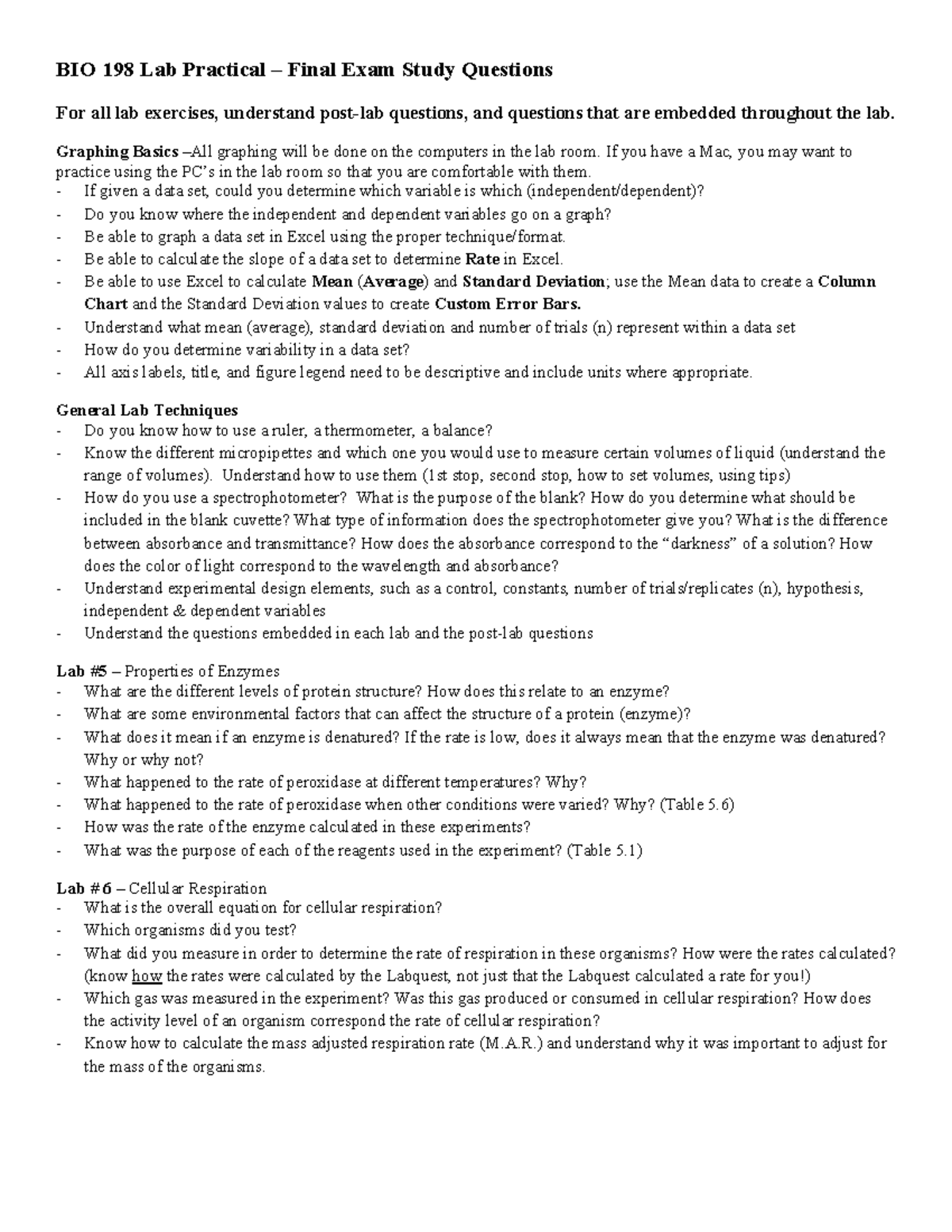 Final Exam Study Questions Fall 2021 - BIO 198 Lab Practical – Final ...