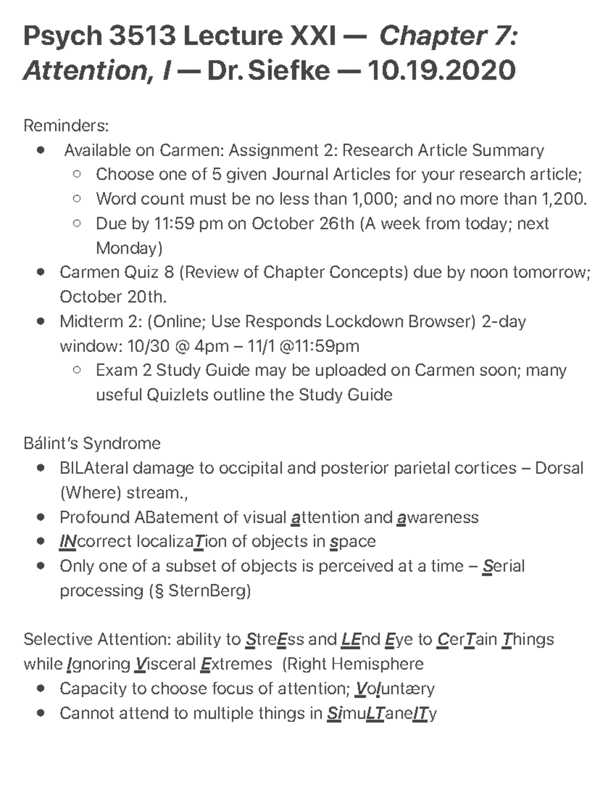 Psych 3513 Lecture XXI — Chapter 7 Attention, I — Dr. Siefke — 10 ...