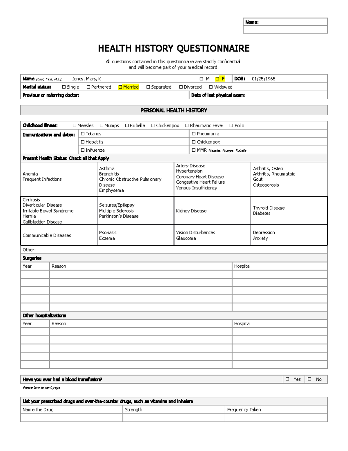 Health History Questionnaire NSG121 - Name: HEALTH HISTORY ...