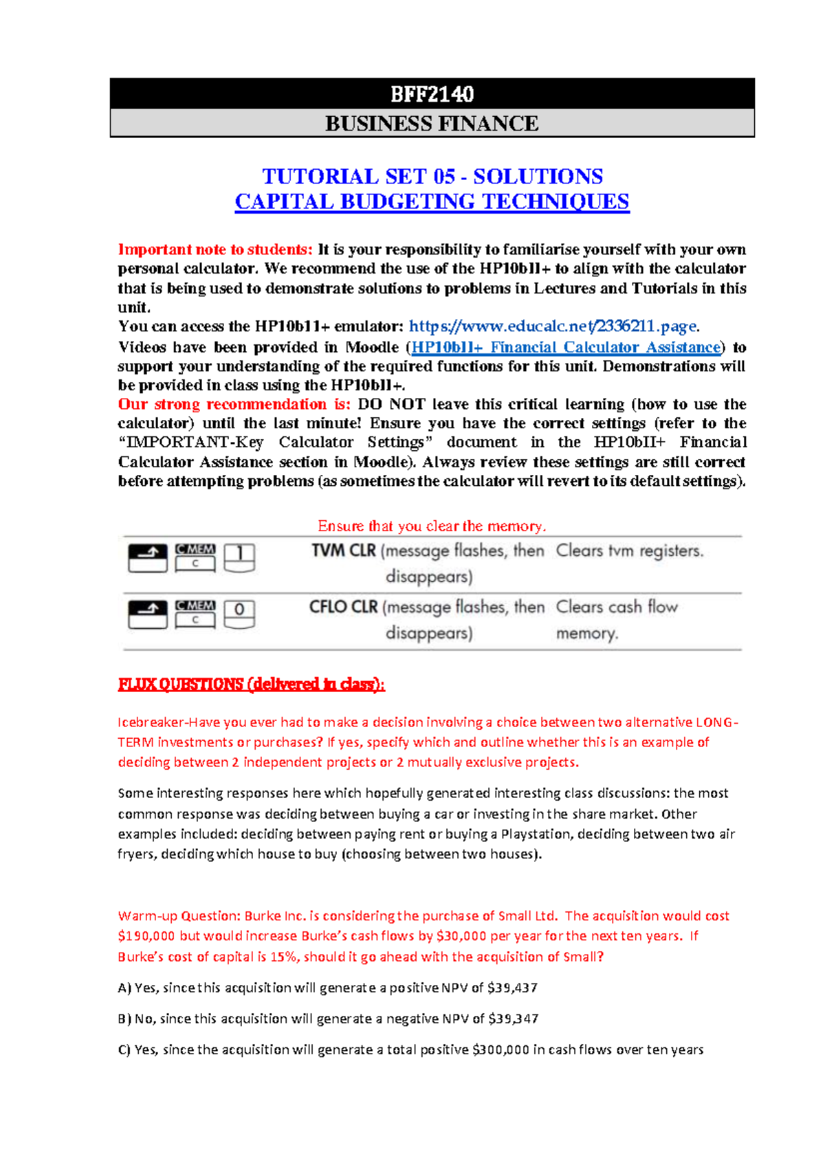 BFF2140 Tutorial SET 05 Solutions Final - BFF 2140 BUSINESS FINANCE ...