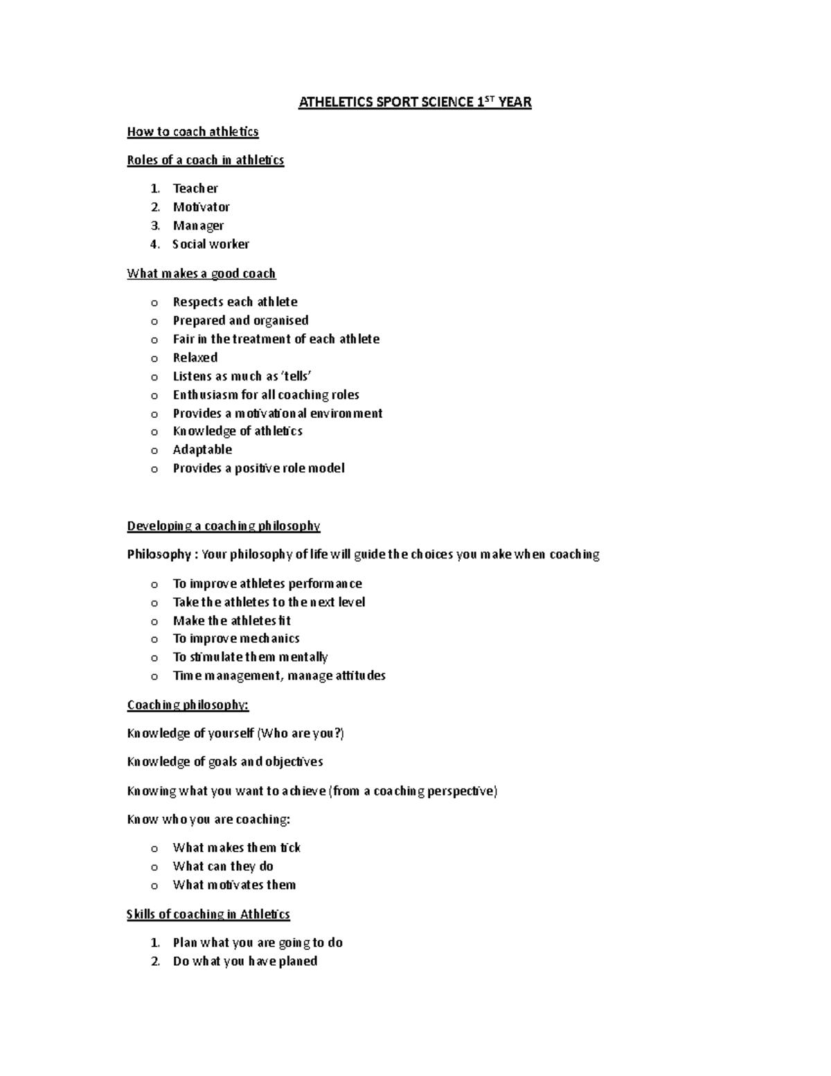 Athletics notes - ATHELETICS SPORT SCIENCE 1ST YEAR How to coach ...