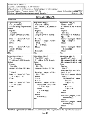 Td1 algorithme 1 - Série de TD N°1 - Page 1 sur 2 Université de BATNA 2 ...